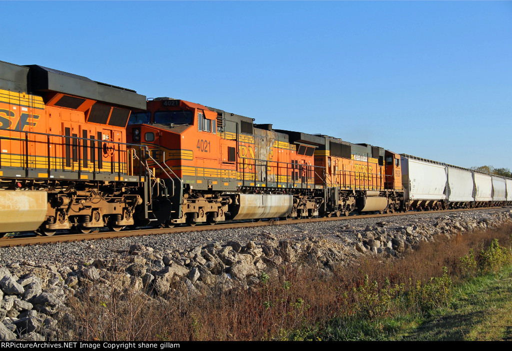 BNSF 4021 and bnsf 9928 trail 2nd and 3rd out on this freight.